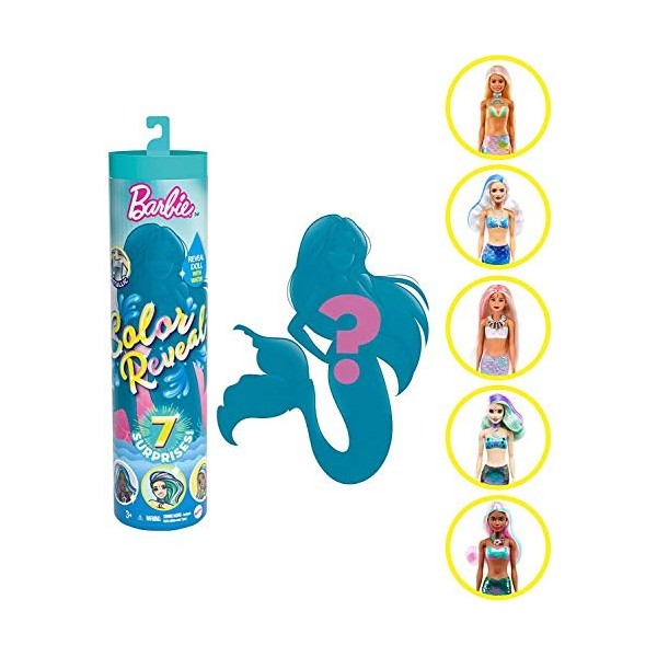 Barbie Color Reveal poupée avec 7 éléments mystère, thème Sirènes,